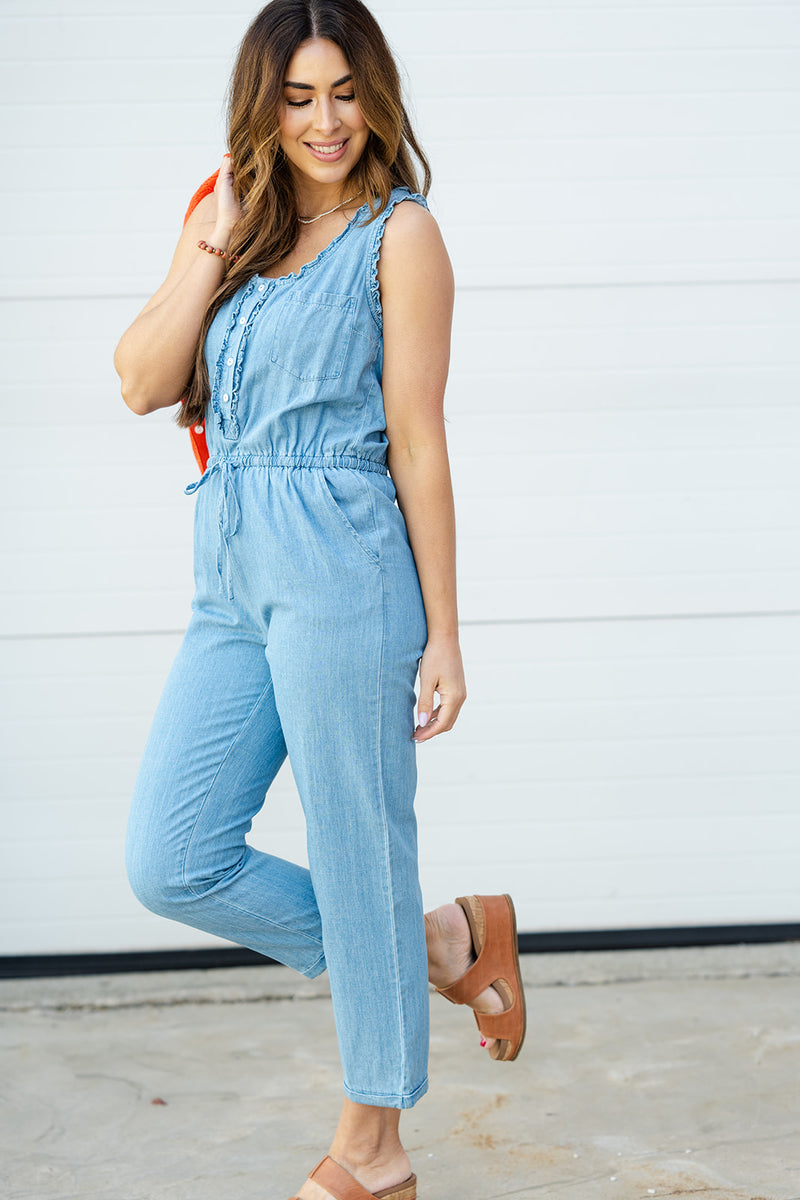 Chambray Ruffle Accented Tank Jumpsuit - Betsey's Boutique Shop - Jumpsuits & Rompers
