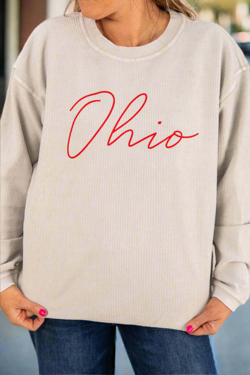 Cursive Ohio Grey Ribbed Graphic Crewneck - Betsey's Boutique Shop ...