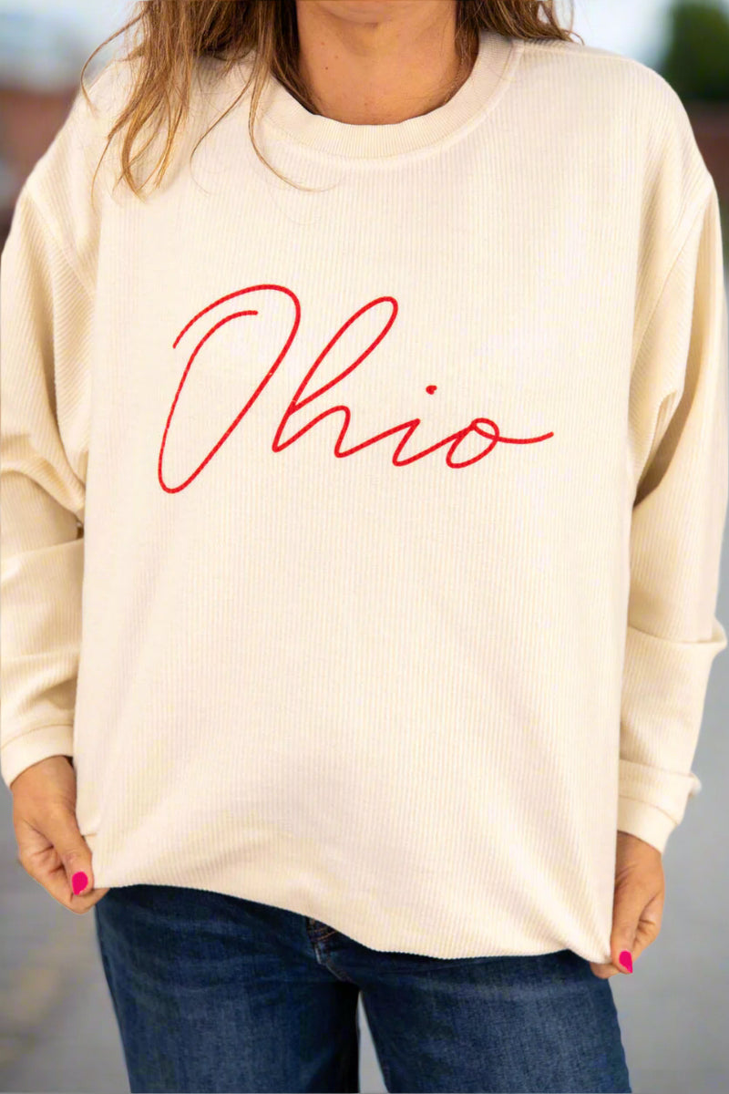 Cursive Ohio Cream Ribbed Graphic Crewneck - Betsey's Boutique Shop ...