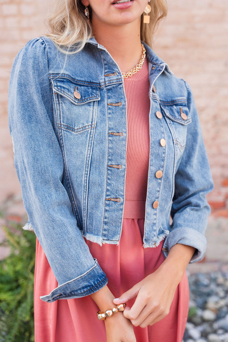 Gathered Shoulder Distressed Denim Jacket - Betsey's Boutique Shop