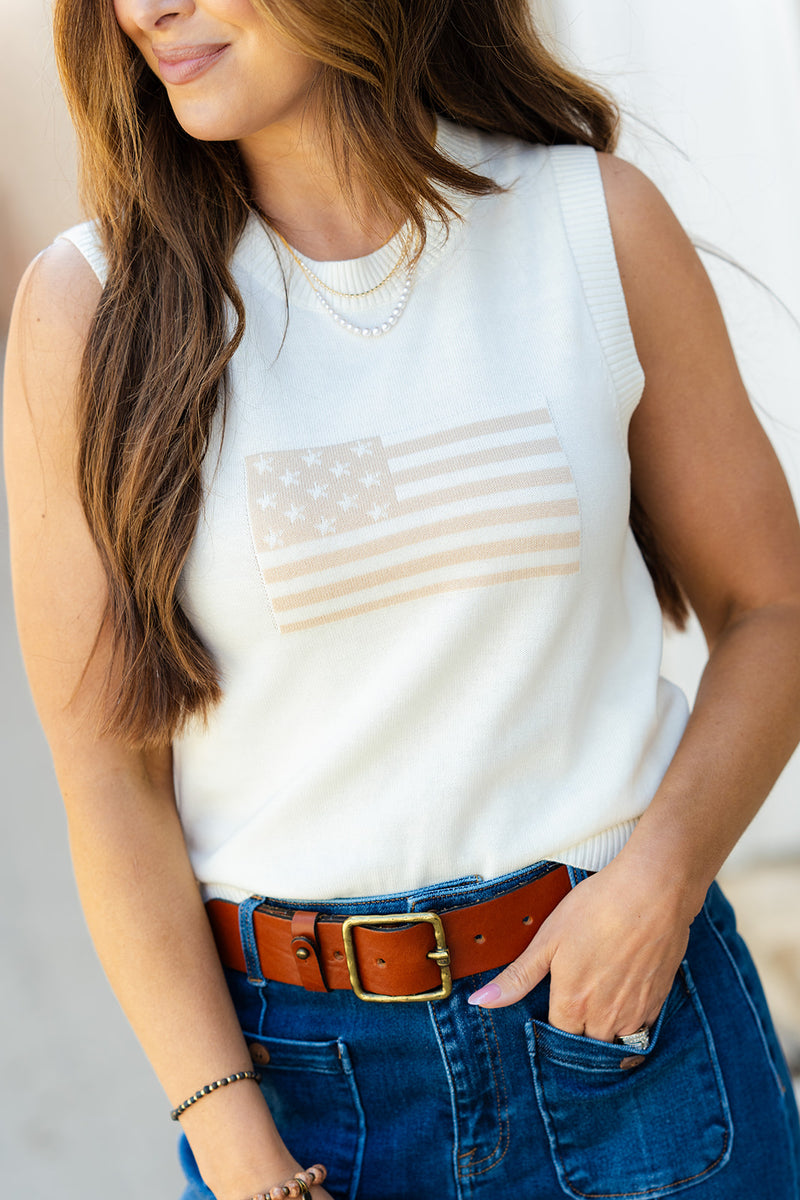 Muted Flag Ribbed Trim Knit Tank - Betsey's Boutique Shop - Shirts & Tops