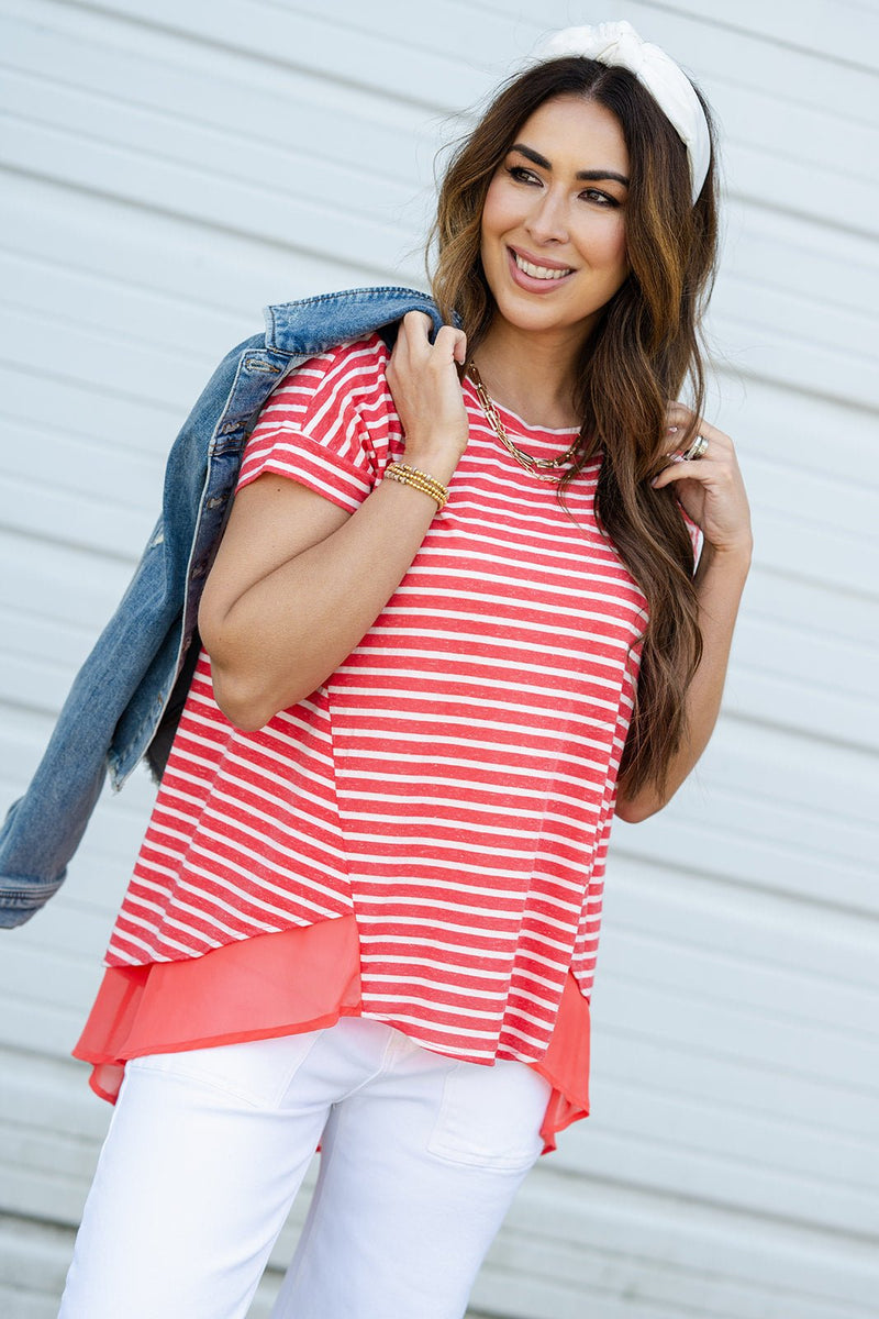 Striped Blouse Accented Slit Back Tee - Betsey's Boutique Shop - Shirts ...