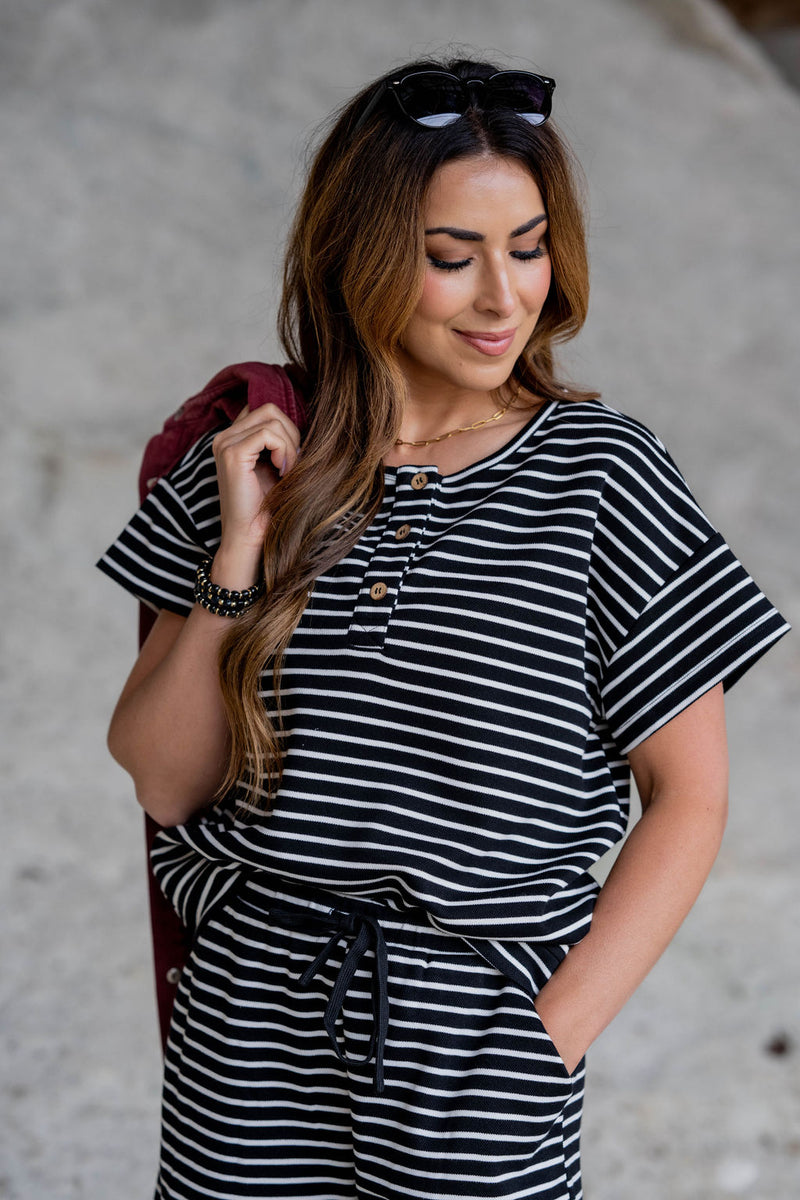 Striped Tri Button Relaxed Tee - Betsey's Boutique Shop
