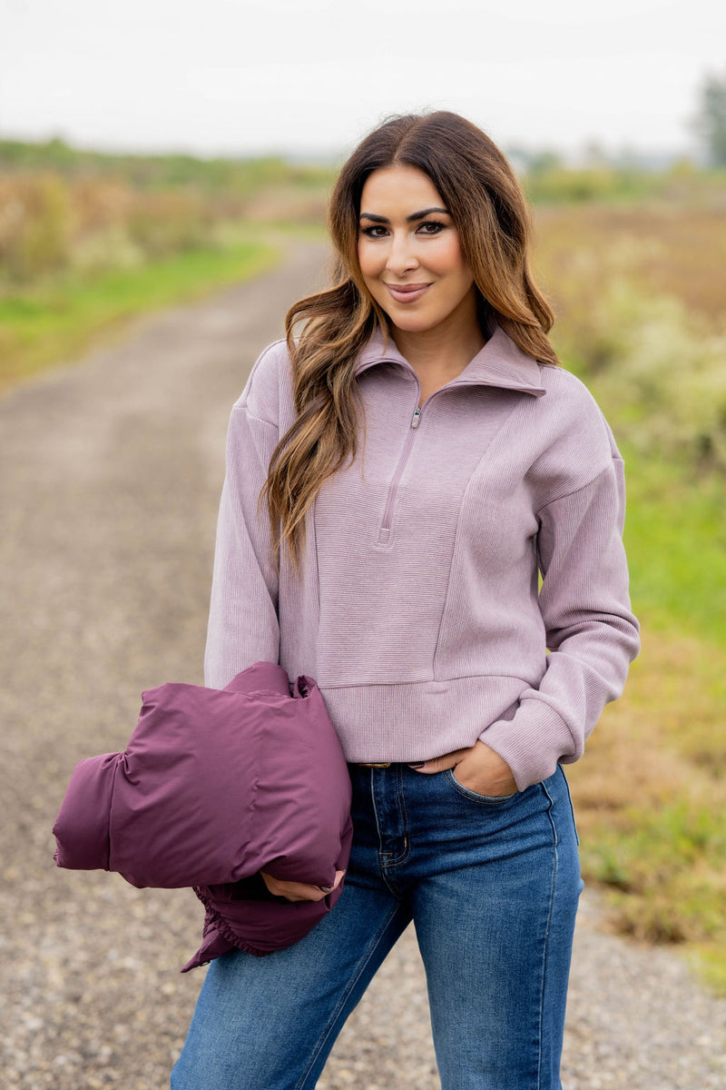 Mixed Ribs Quarter Zip Pullover - Betsey's Boutique Shop - Shirts & Tops
