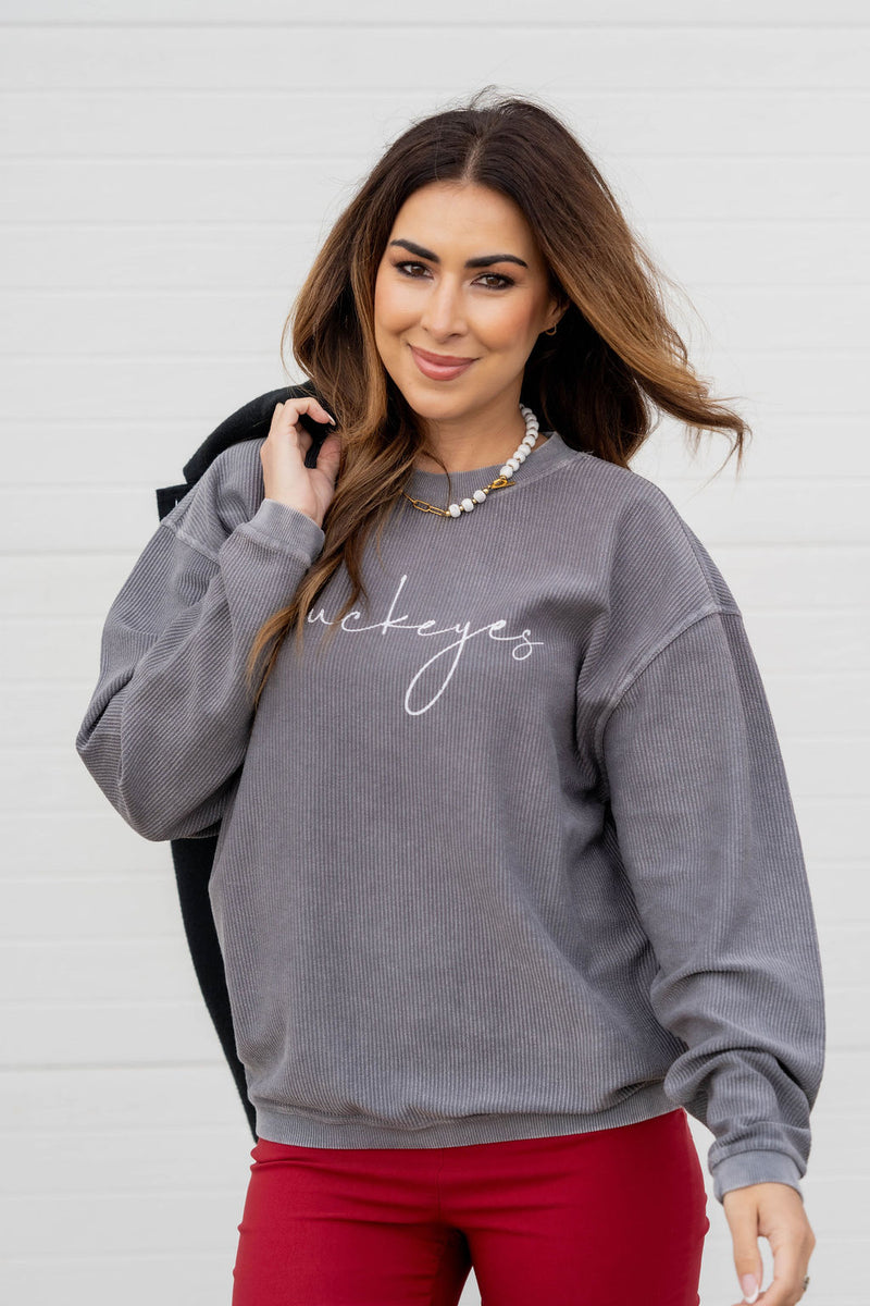 Cursive Buckeyes Ribbed Graphic Crewneck - Betsey's Boutique Shop ...