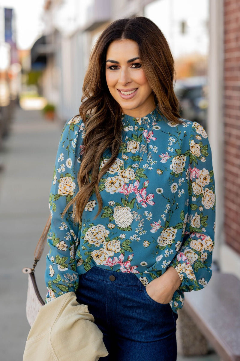Blossoming Buds Sheer Sleeve Blouse - Betsey's Boutique Shop