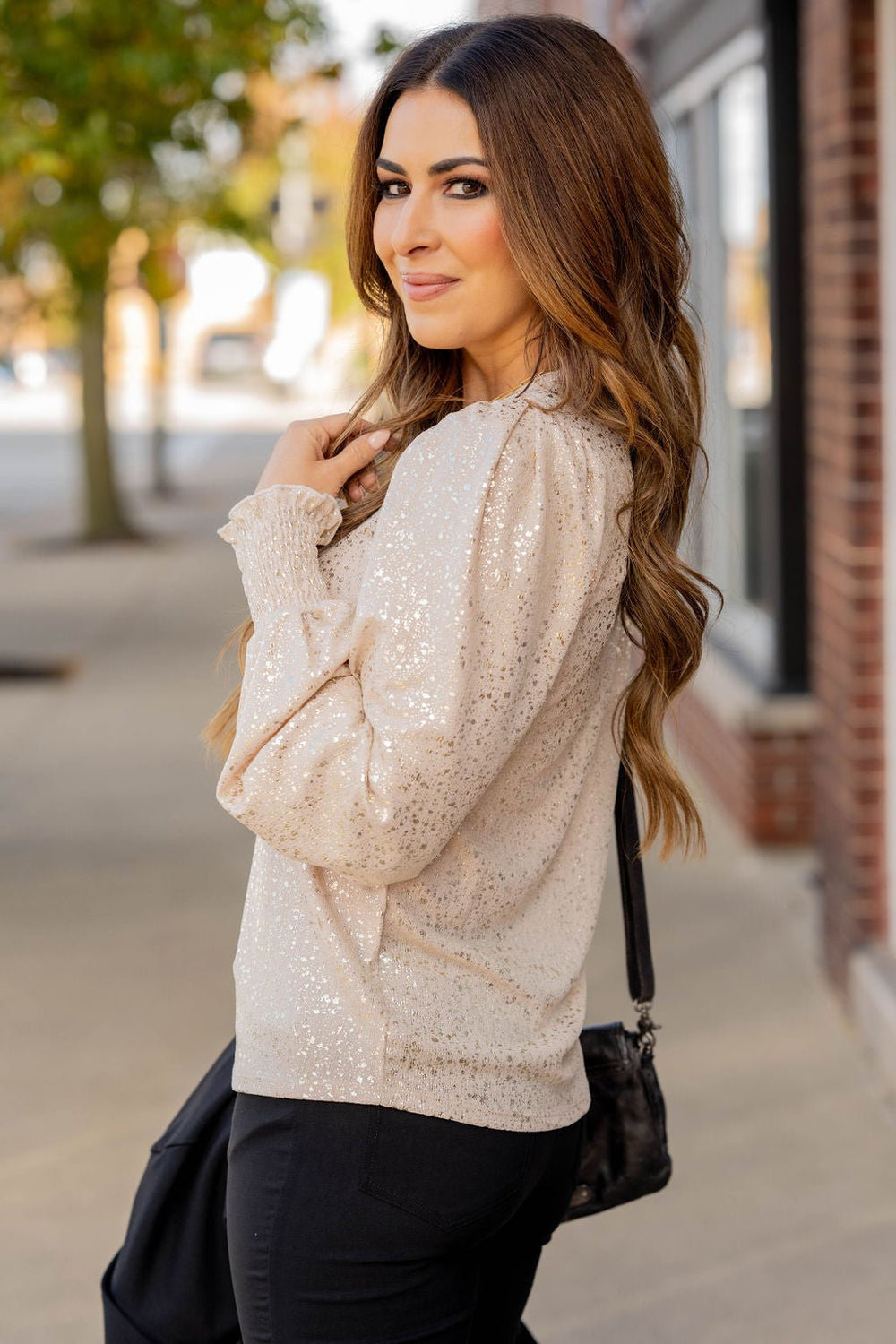 Foil Flecked Cinched Sleeve Blouse - Betsey's Boutique Shop