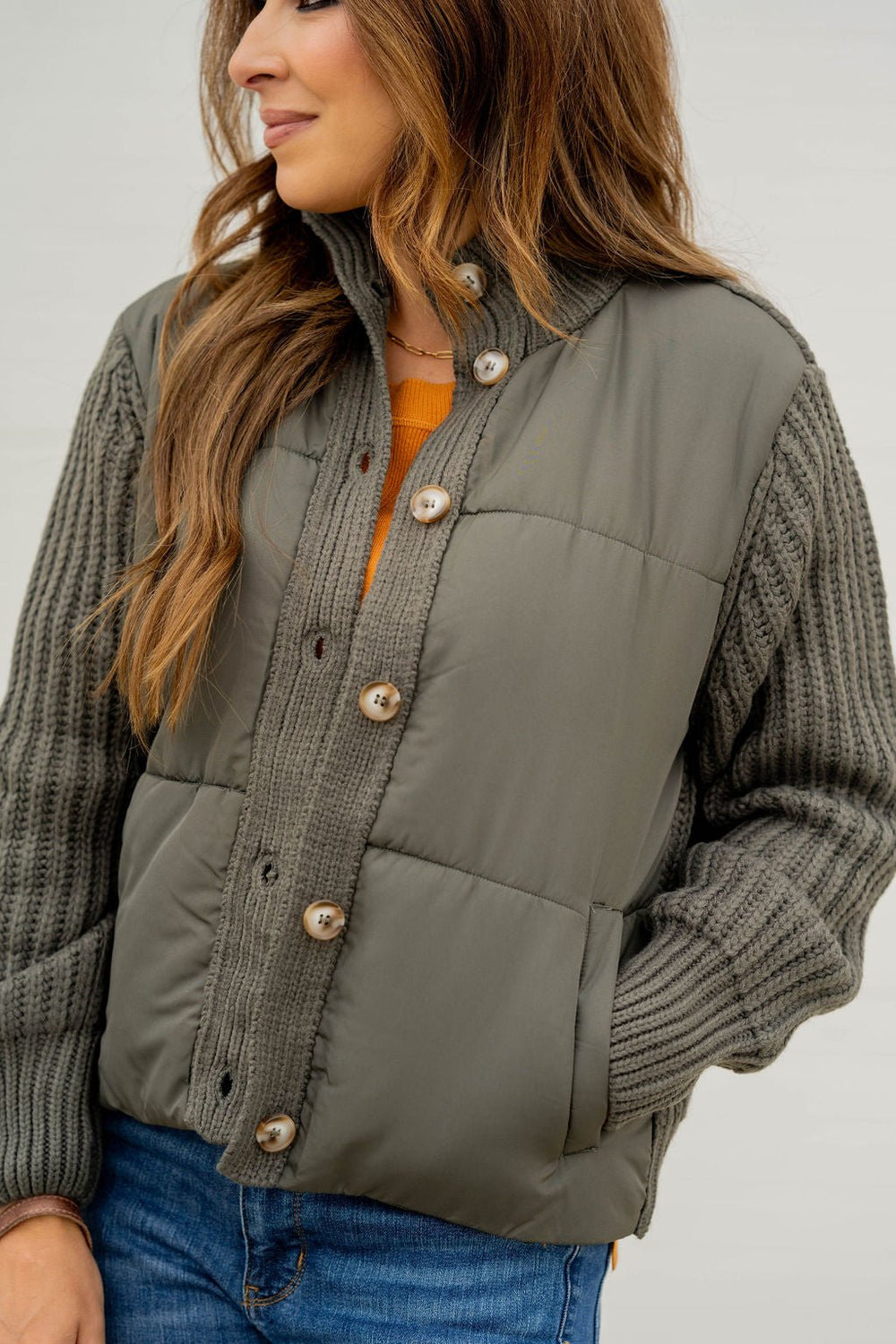 Puffer Body Knit Button Up Jacket - Betsey's Boutique Shop